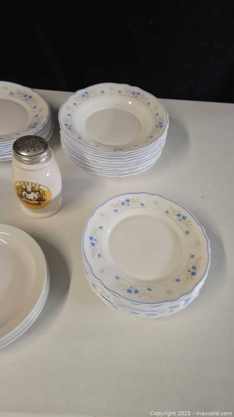 Arcopal blue floral glass dinnerware 44-piece set with cheese shaker ...