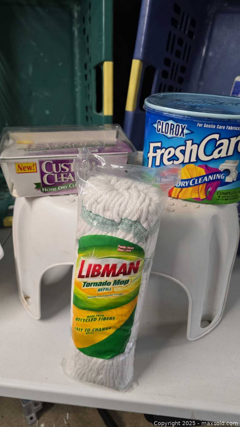 Laundry baskets, step stool, sprays, mop refill, dry-clean kits | Maxsold