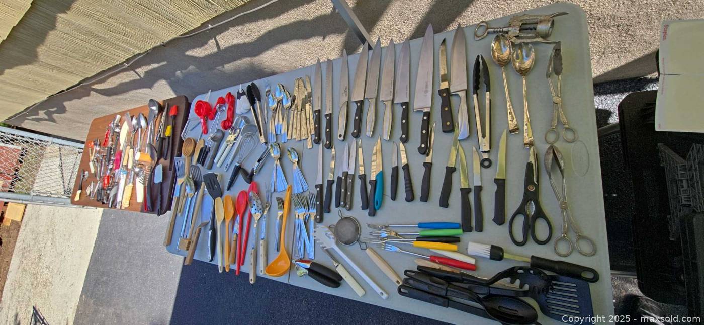 Mixed kitchen knives, flatware, utensils ~80 | Maxsold