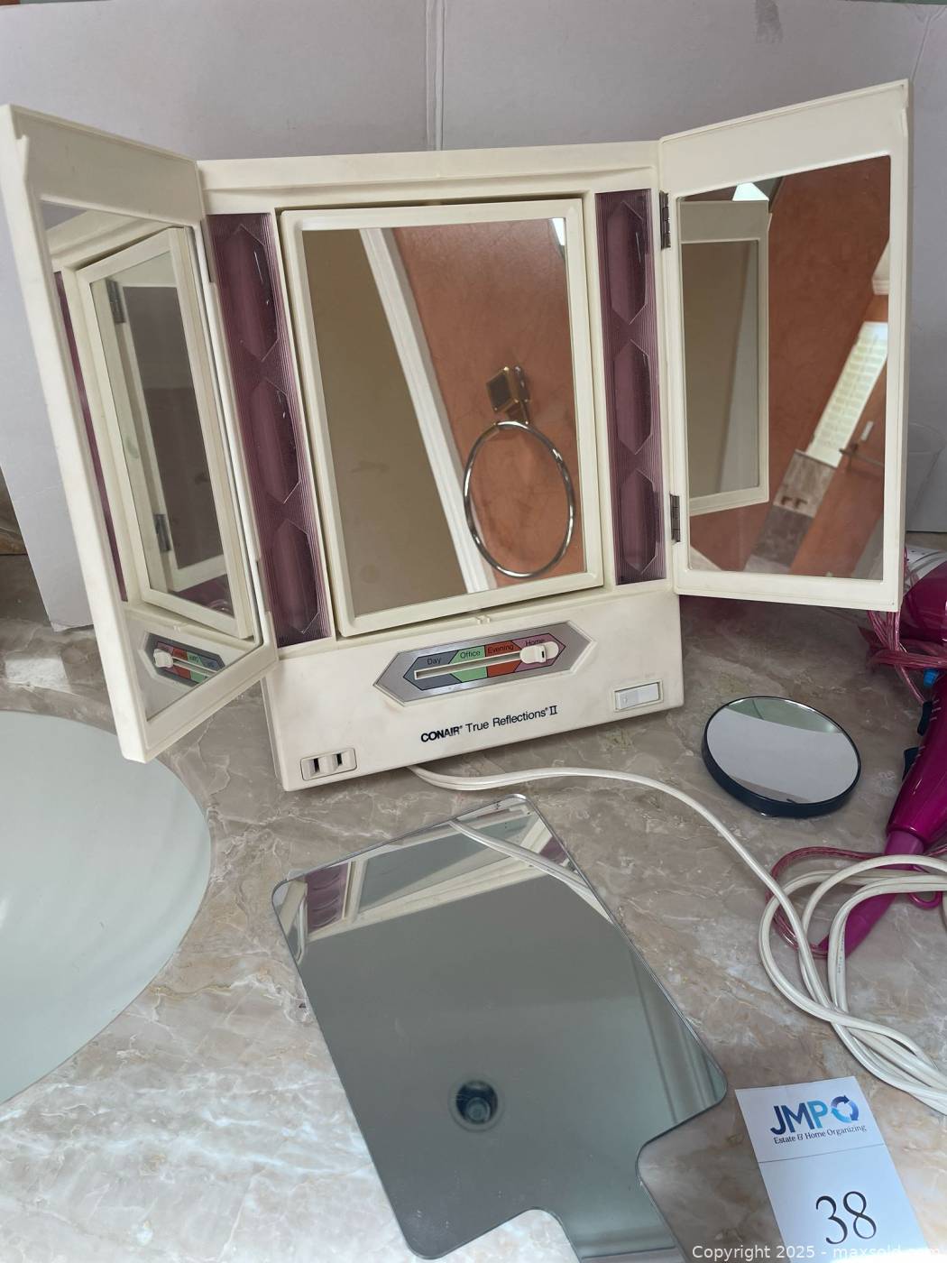 Conair lighted tri-fold mirror, 2 irons, hair dryer, hand mirrors | Maxsold
