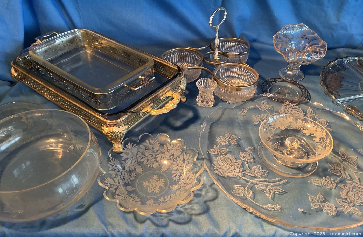 Pyrex pans in holders, etched & filigree glass servingware | Maxsold