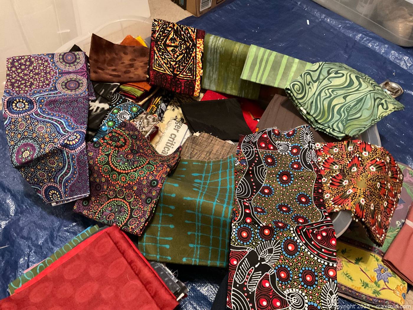In and Out quilt pattern with bin of cotton quilting fabric | Maxsold