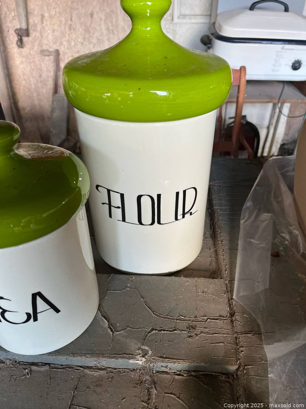 Ceramic Flour, Coffee, Tea Canister Set With Green Lids | Maxsold