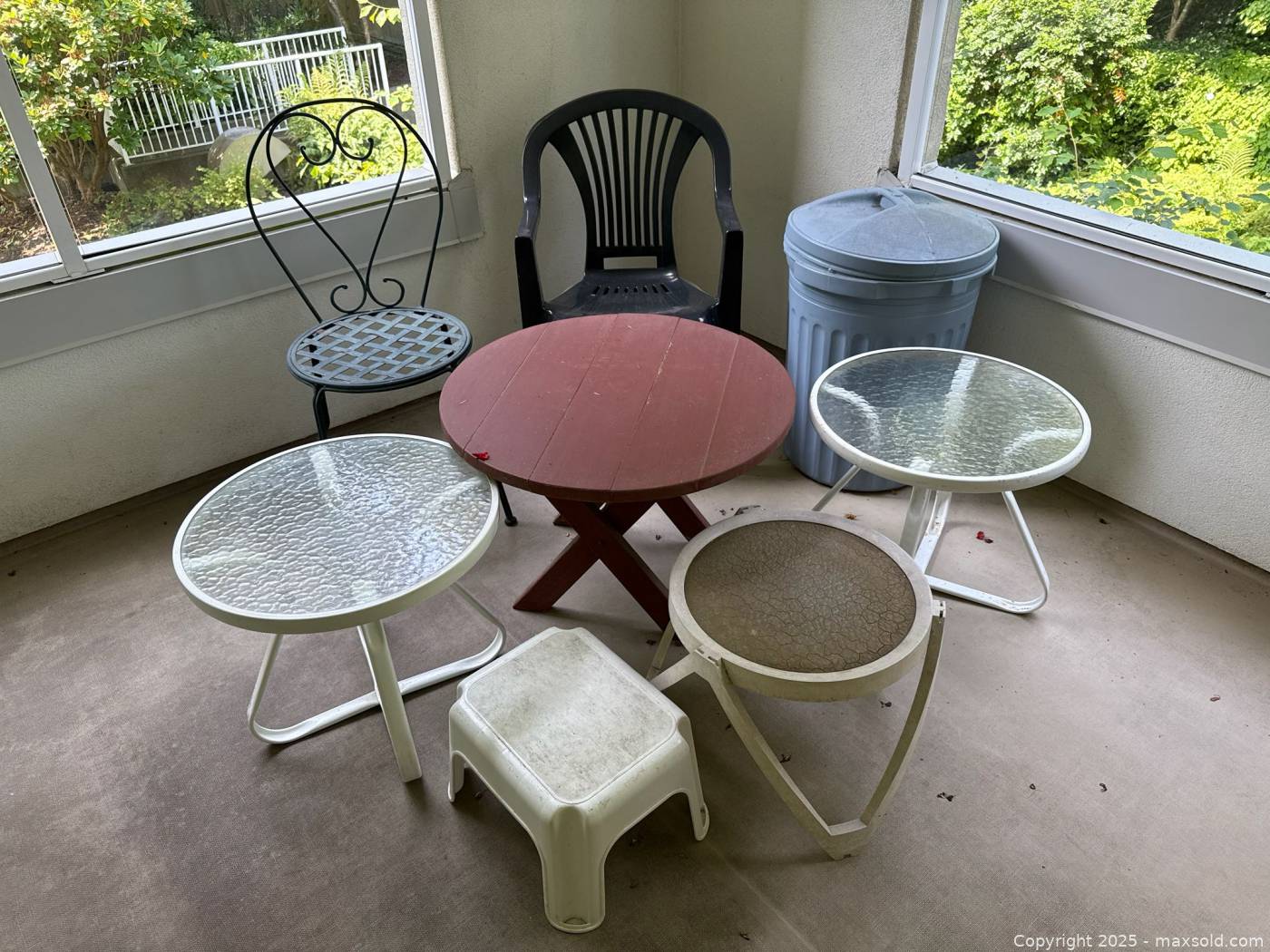 Outdoor chairs tables stool and trash can | Maxsold