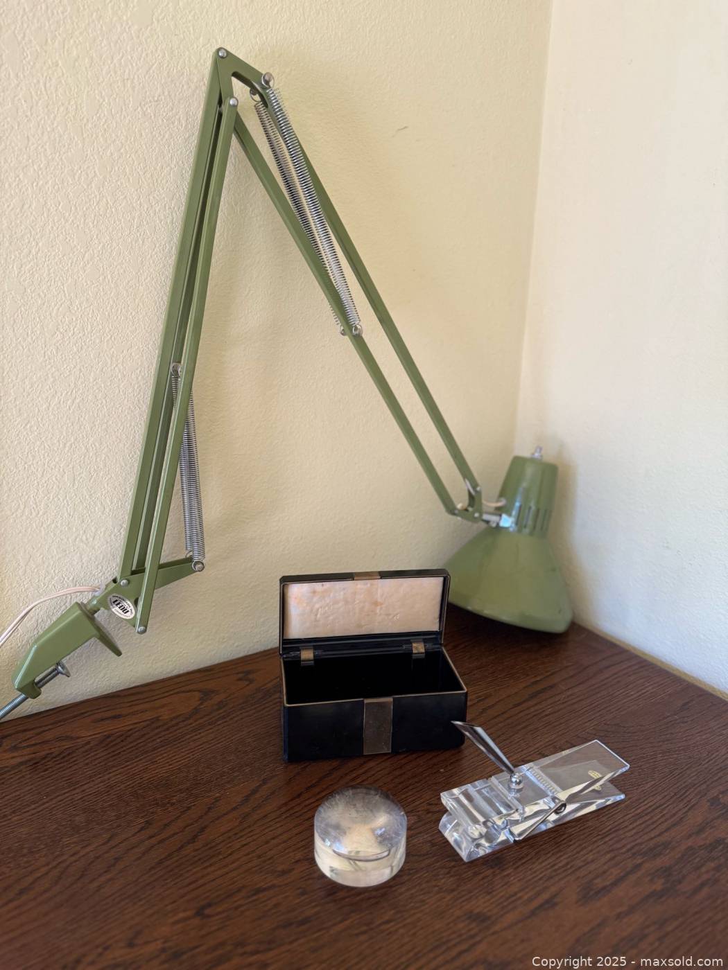 1960s Danish green architect lamp, magnifier, clip and desk box | Maxsold
