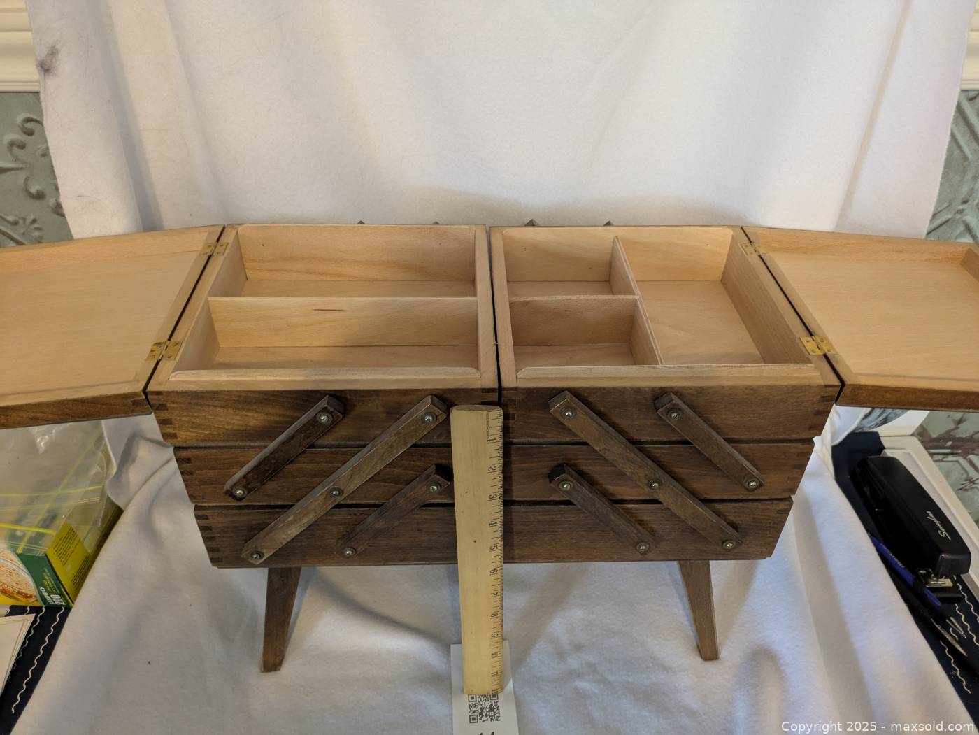 Wooden cantilever sewing box on legs | Maxsold