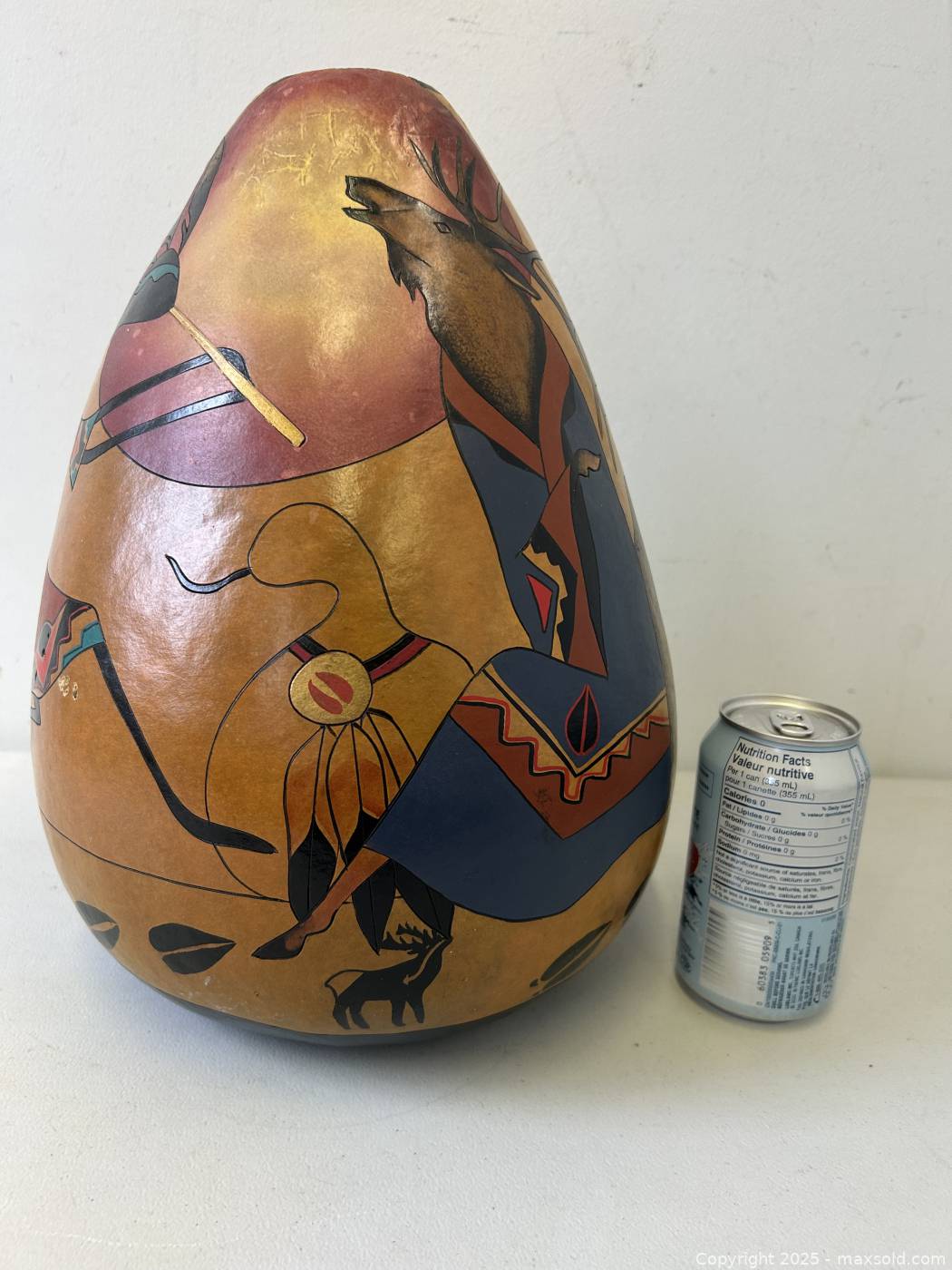 Hand-painted Indigenous elk scene gourd vase 15" | Maxsold