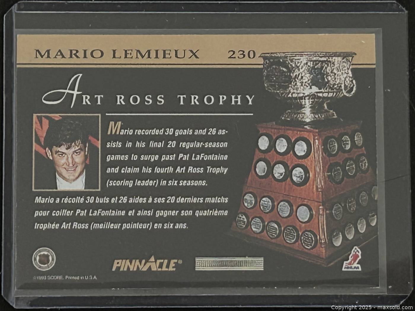 1992-93 Pinnacle Mario Lemieux Art Ross Trophy card #230 | Maxsold