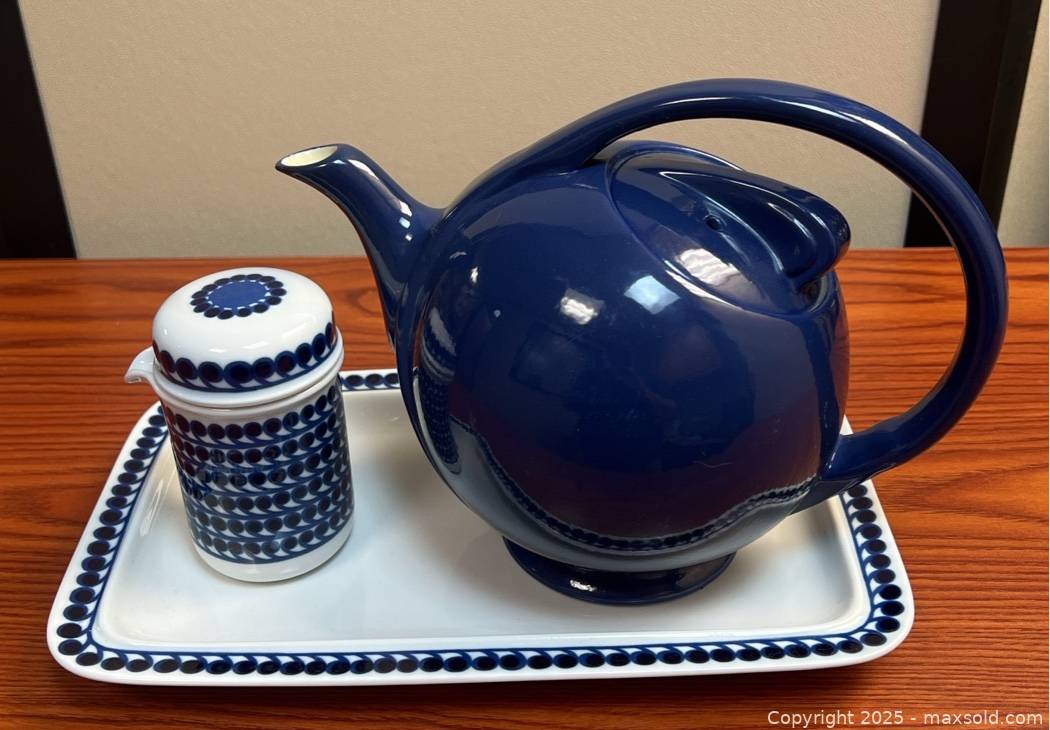 Vintage cobalt blue teapot, dotted porcelain tray and lidded jar | Maxsold