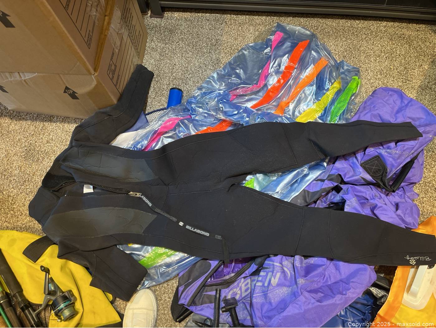 Billabong wetsuit, inflatables, rods, pump | Maxsold