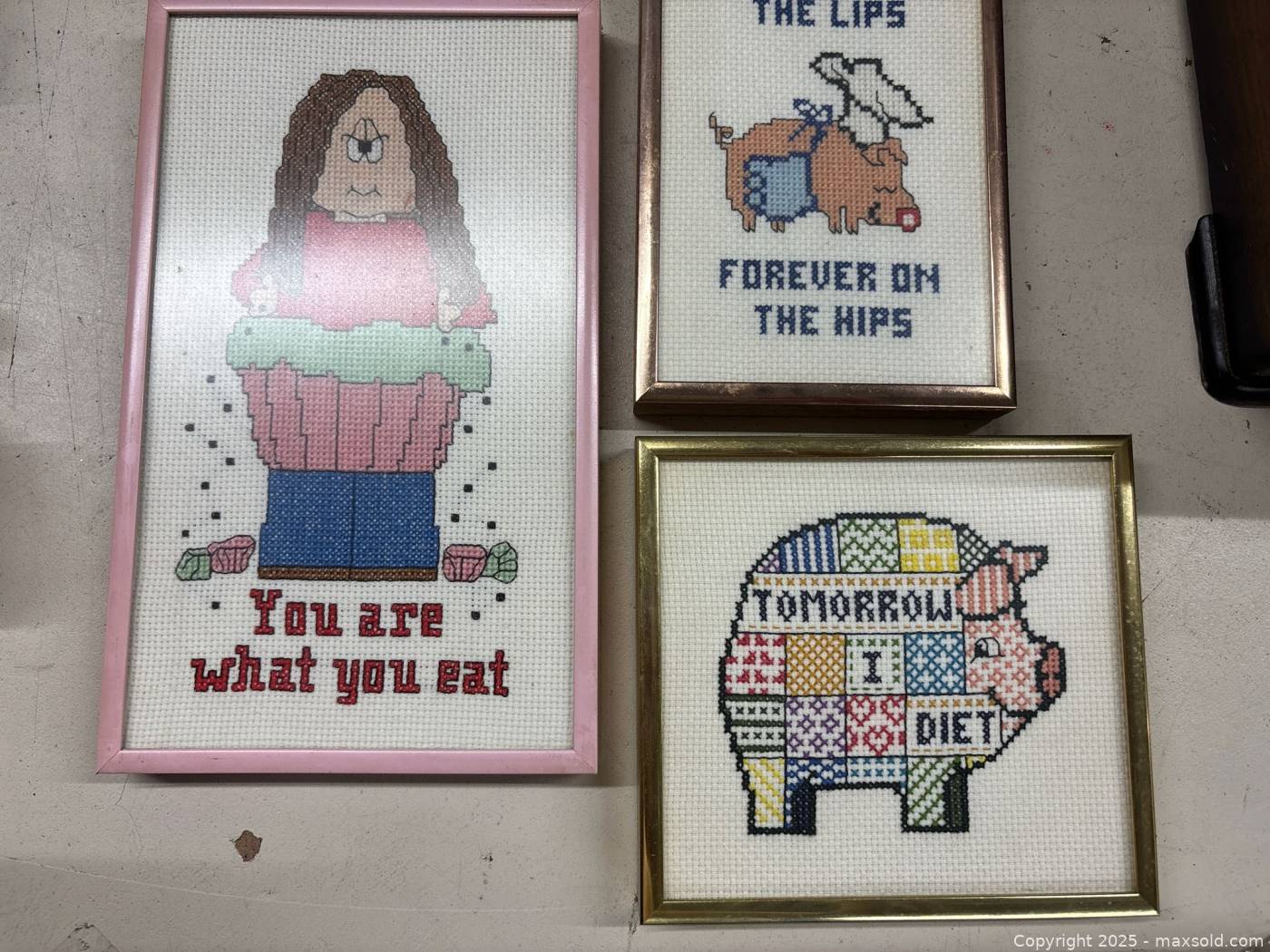 Three framed humorous cross-stitch art | Maxsold