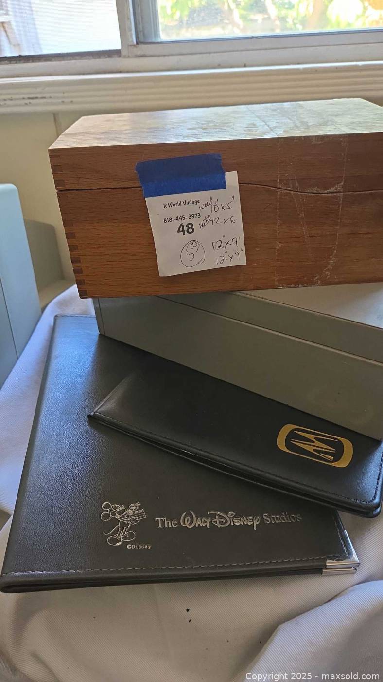 Wooden and metal card file boxes with Disney and M-logo padfolios | Maxsold