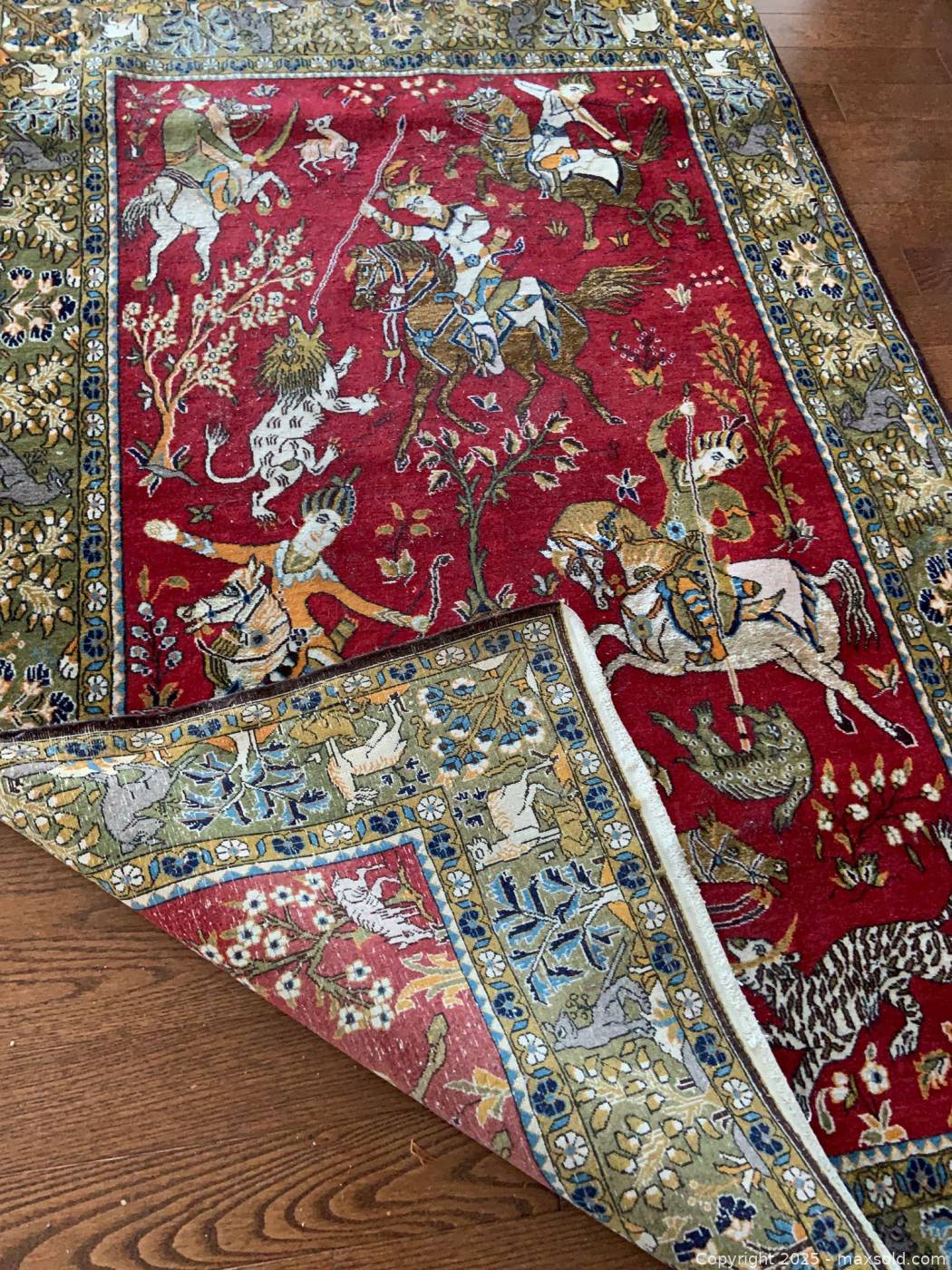 Persian-style pictorial hunting scene rug 83"×54" | Maxsold