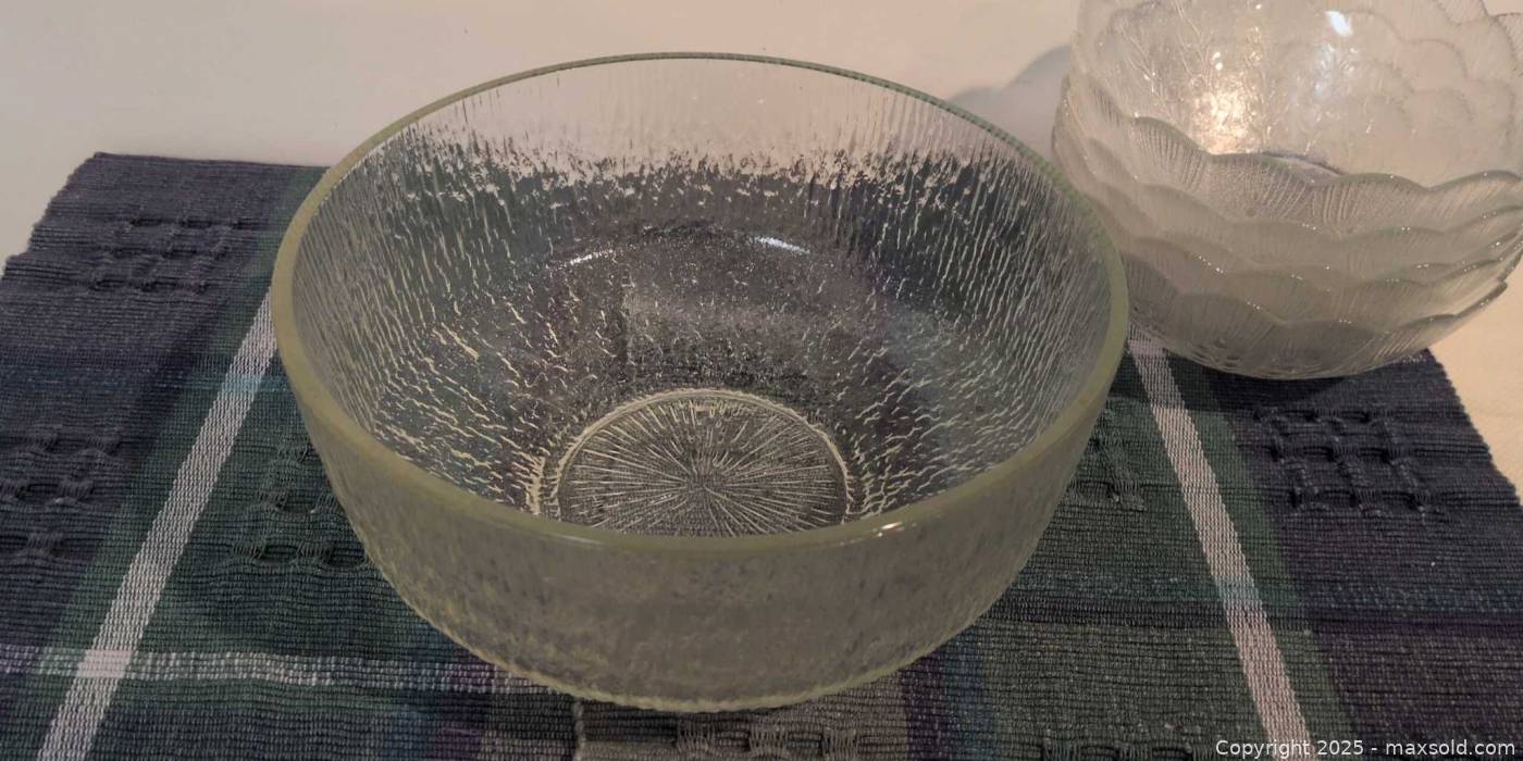 Indiana Glass Crystal Ice bowl with five Arcoroc wheat bowls | Maxsold