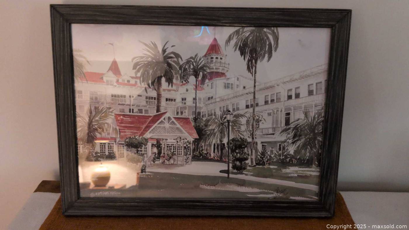 Sara Rowe signed watercolor print of Hotel del Coronado, framed | Maxsold