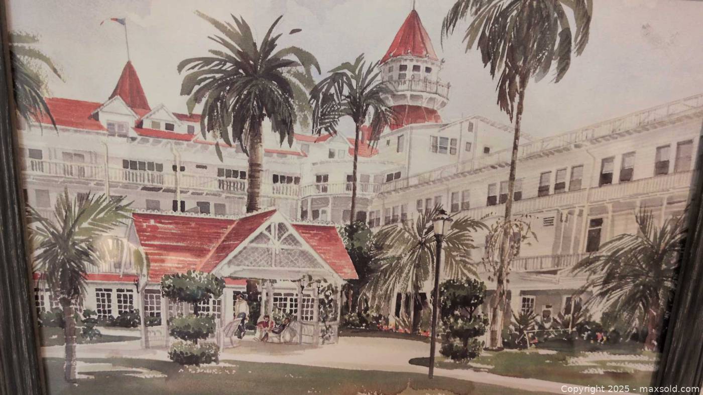 Sara Rowe signed watercolor print of Hotel del Coronado, framed | Maxsold
