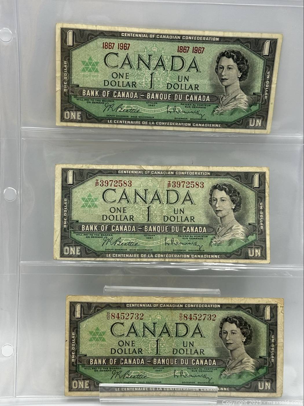 Three 1967 Canada Centennial One Dollar Banknotes | Maxsold
