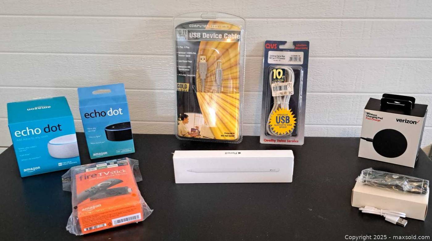 Echo Dots, Fire TV Stick, Apple Pencil, Chargers & USB Cables | Maxsold