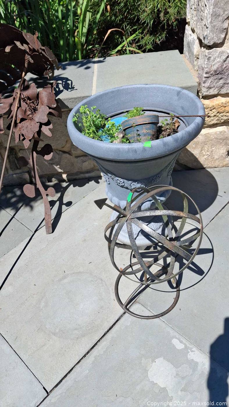 Plastic planter, metal garden sphere, terracotta planter, stone frog ...