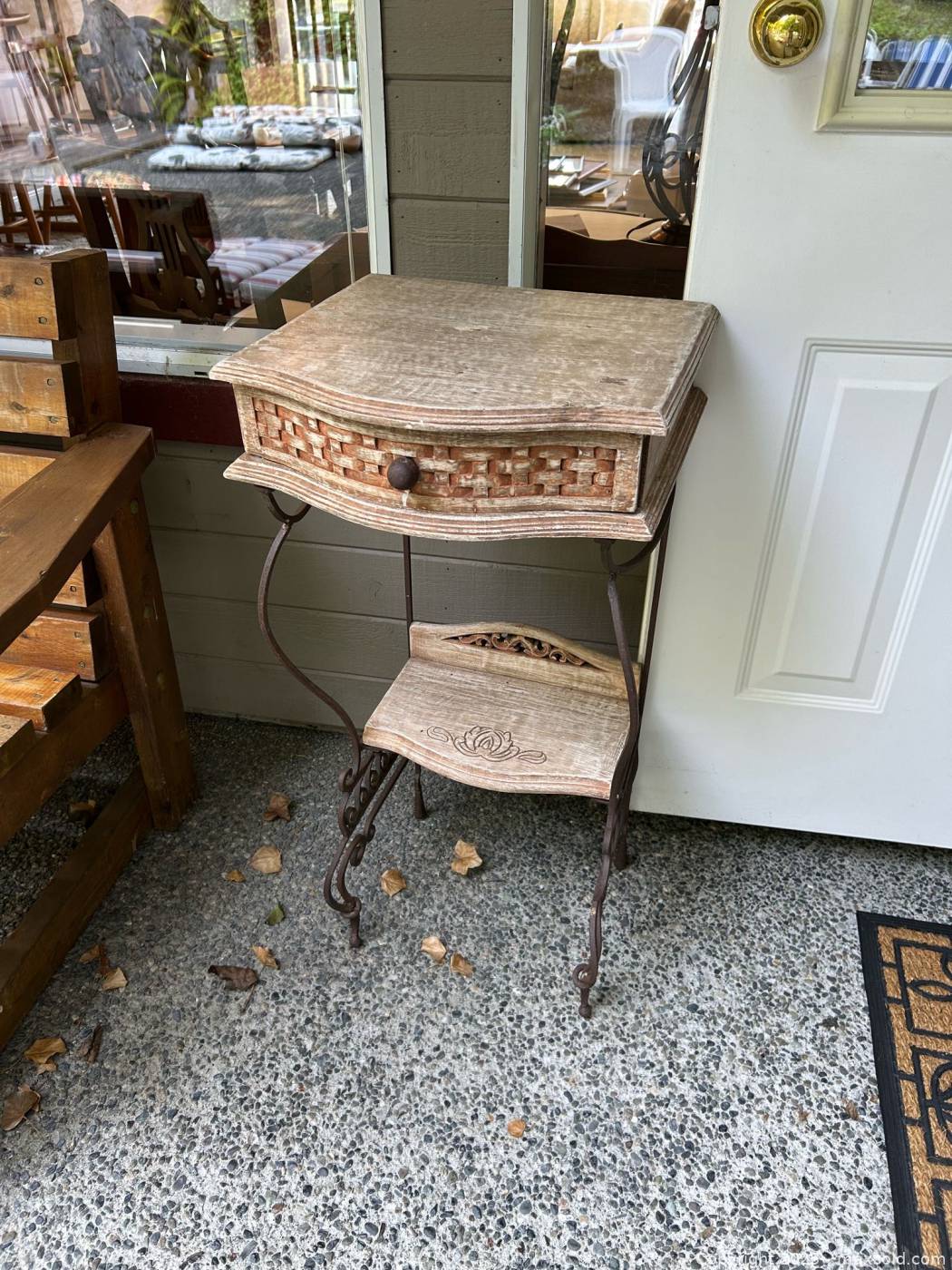 Solid wood outdoor bench and metal-wood side table | Maxsold