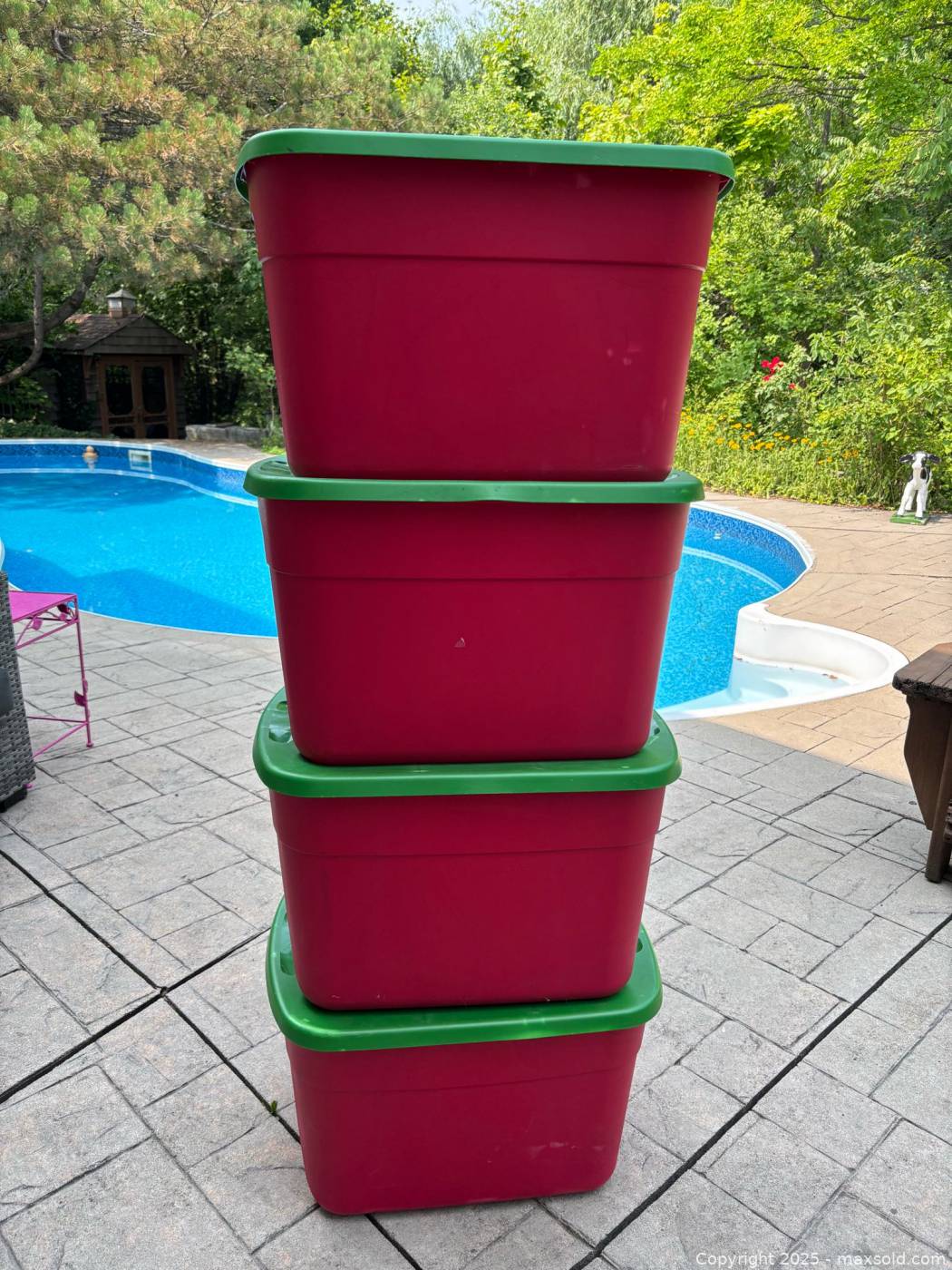 Set of 4 Sterilite 18-Gallon Red Storage Totes with Green Lids | Maxsold