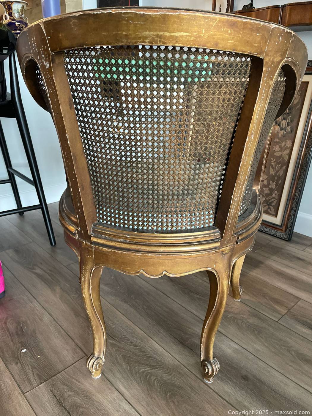 Vintage carved cane barrel-back accent chair | Maxsold
