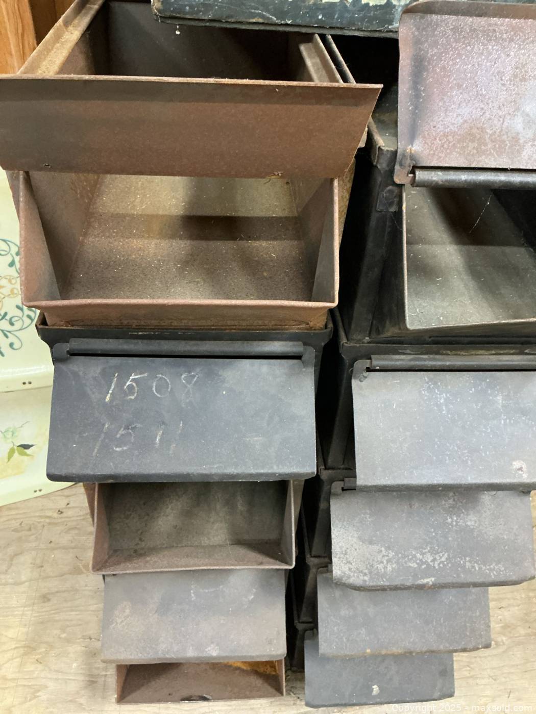 10 metal stacking bins and wooden crate | Maxsold