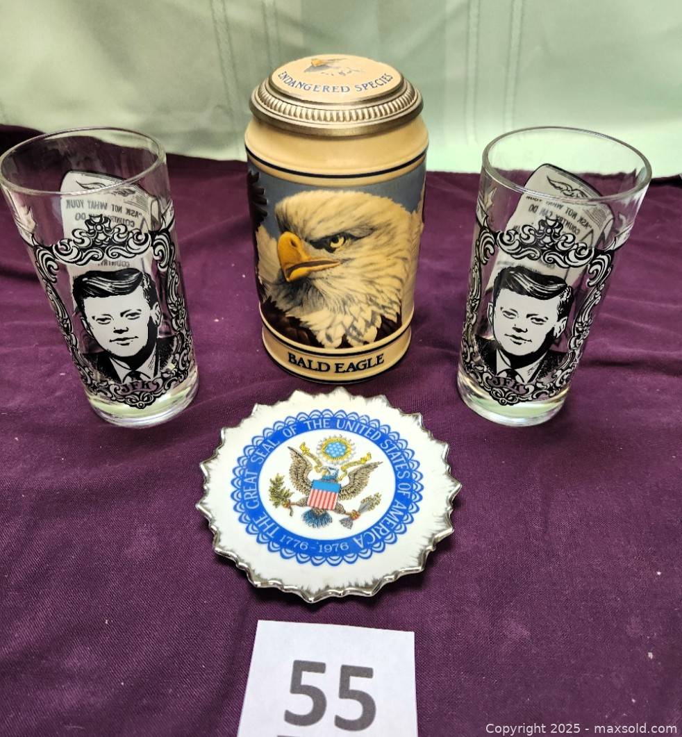 JFK Portrait Glasses, 1989 Budweiser Bald Eagle Stein, 1976 US Seal ...