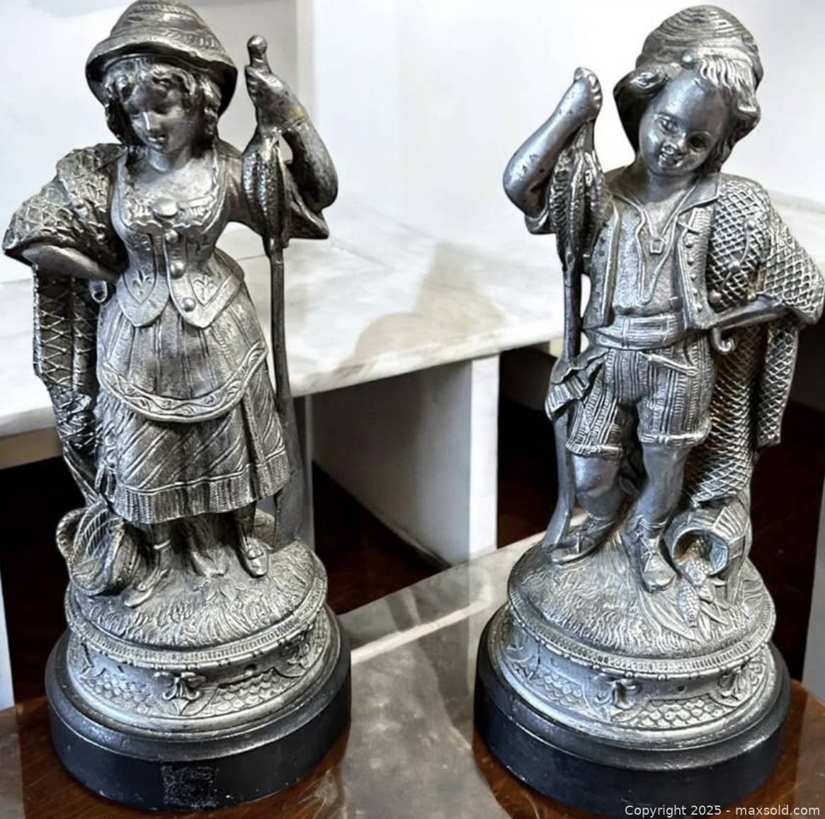 Pair Antique 1800s Spelter Boy & Girl Finial Statues | Maxsold