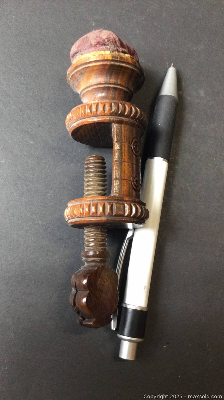 Victorian turned wood sewing clamp with pin cushion | Maxsold