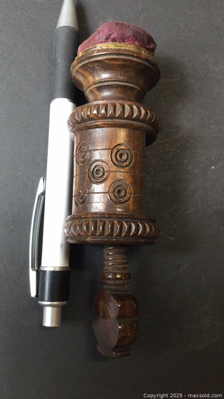 Victorian turned wood sewing clamp with pin cushion | Maxsold