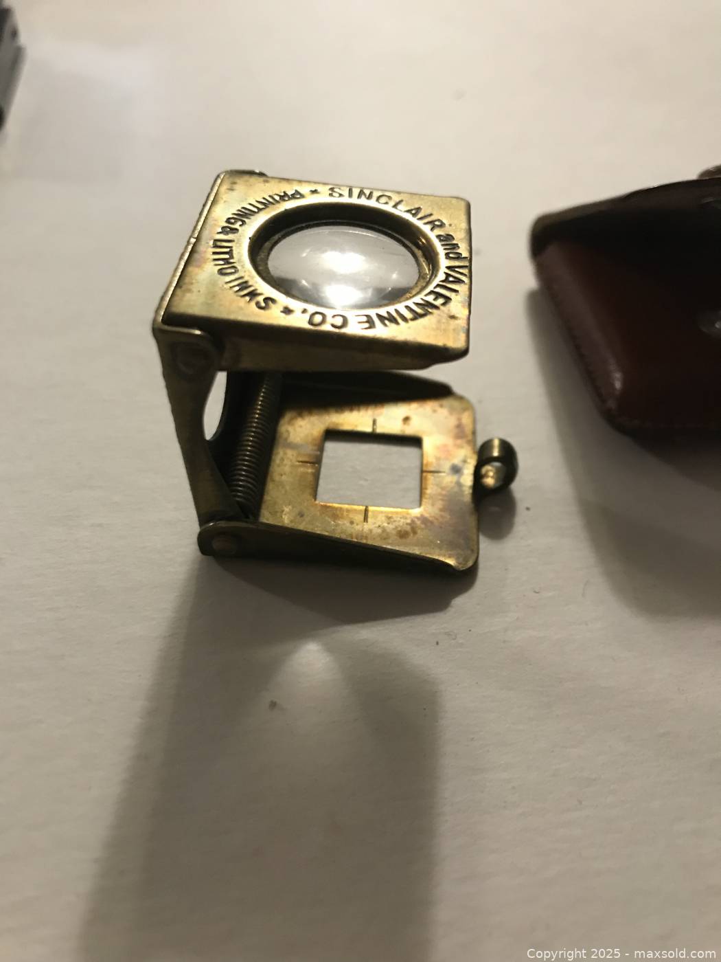 Brass Sinclair & Valentine loupe, black loupe, compass, leather pouch ...