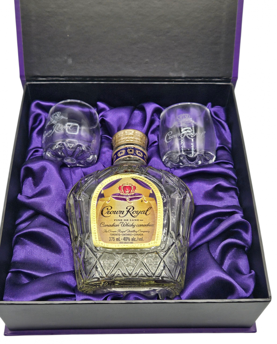 Crown Royal gift box with empty 375 mL bottle and 2 glasses | Maxsold