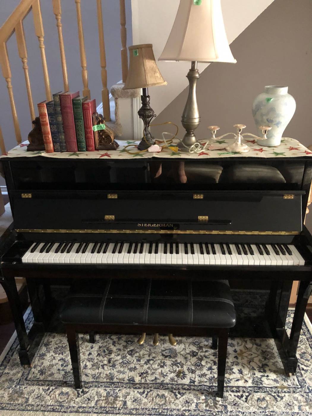 Steigerman upright piano, bench, rug | Maxsold