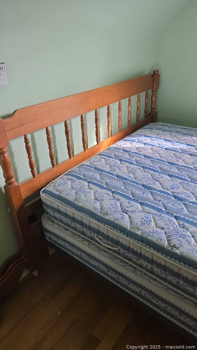 Solid wood bed frame with Sears-O-Pedic mattress and box spring | Maxsold