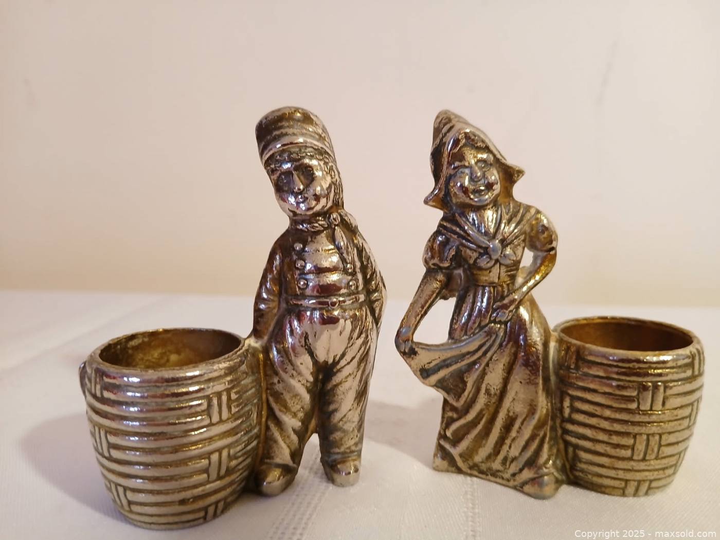 Pewter Dutch boy and girl match holders with pots & bronze/brass Dutch ...