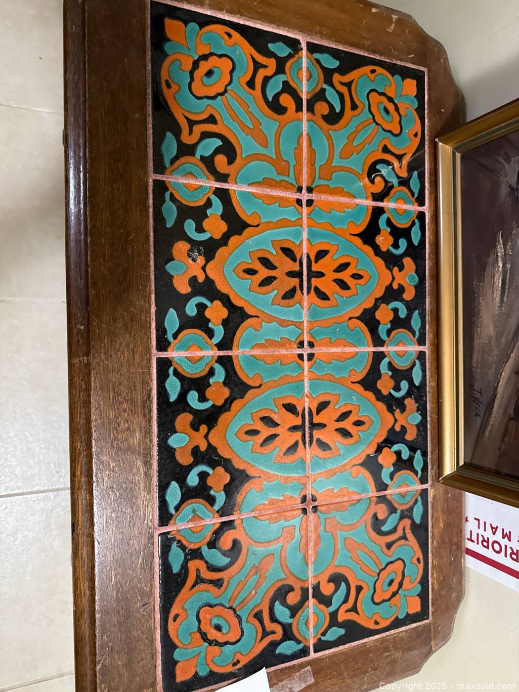 Wood bench with ceramic tile inlay | Maxsold