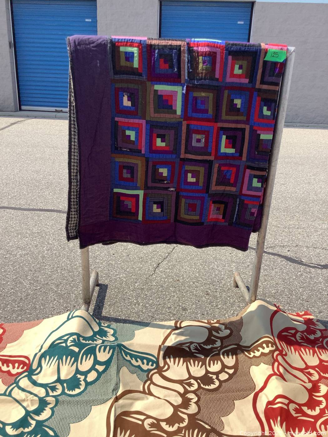 Handmade Log Cabin patchwork quilt and printed textile curtain | Maxsold