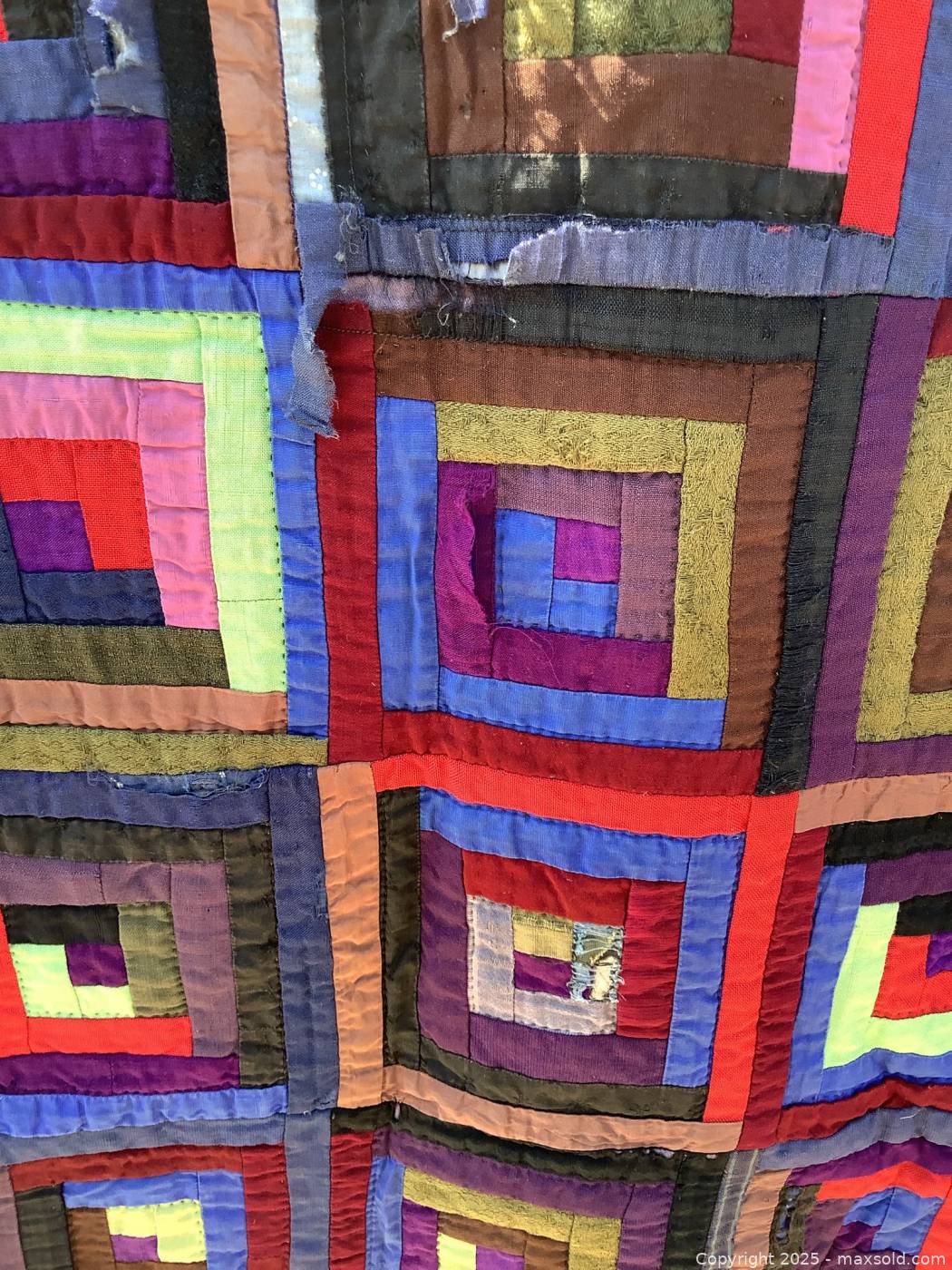 Handmade Log Cabin patchwork quilt and printed textile curtain | Maxsold