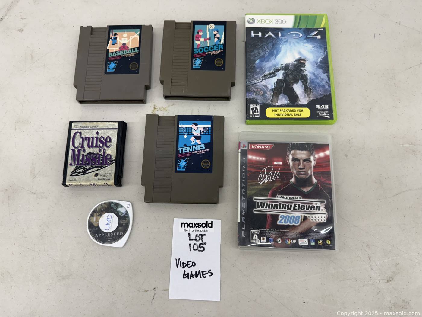 NES Baseball, Soccer, Tennis cartridges with Halo 4, Winning Eleven ...