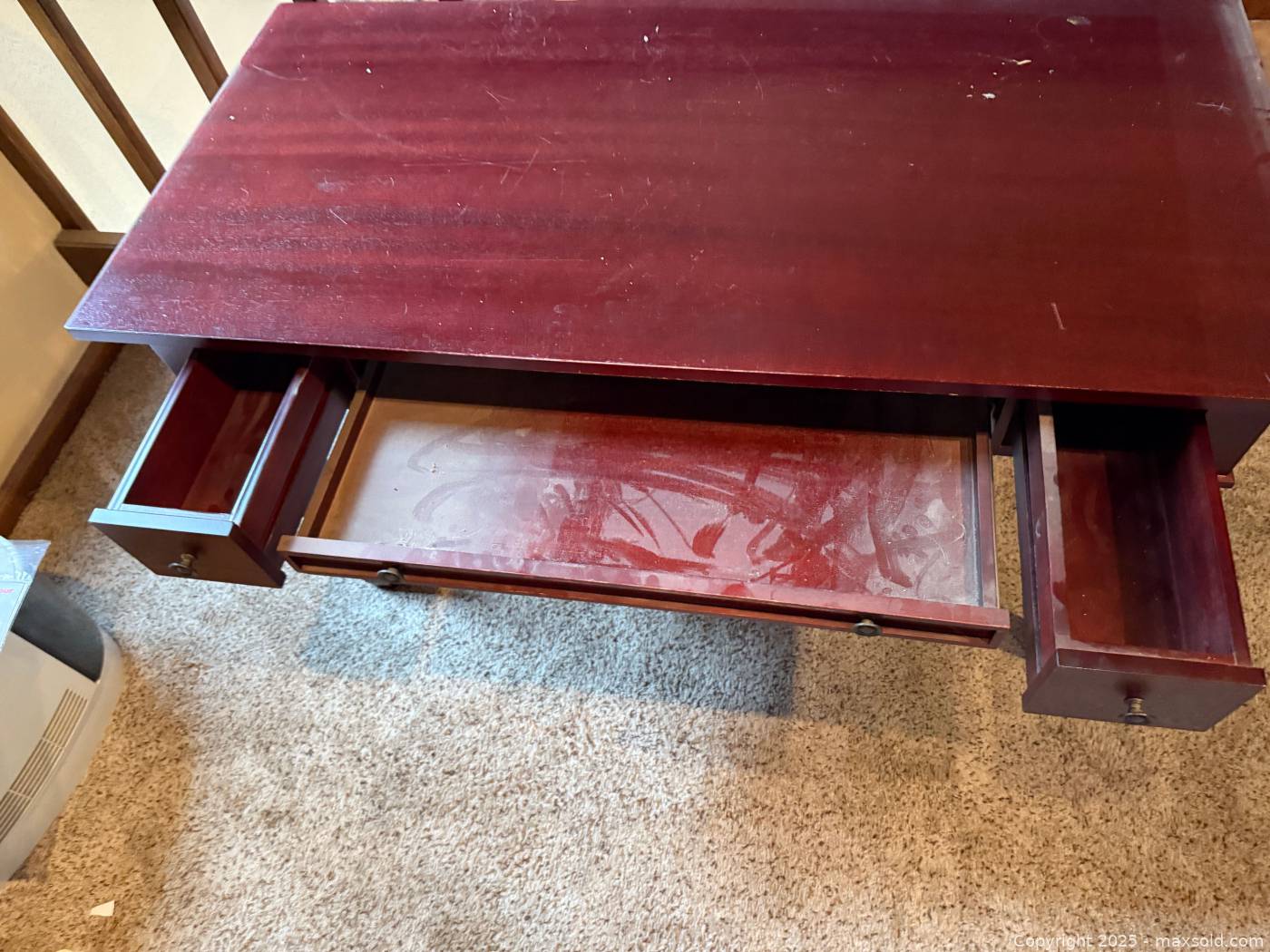Cherry finish wood computer desk with wooden chair | Maxsold