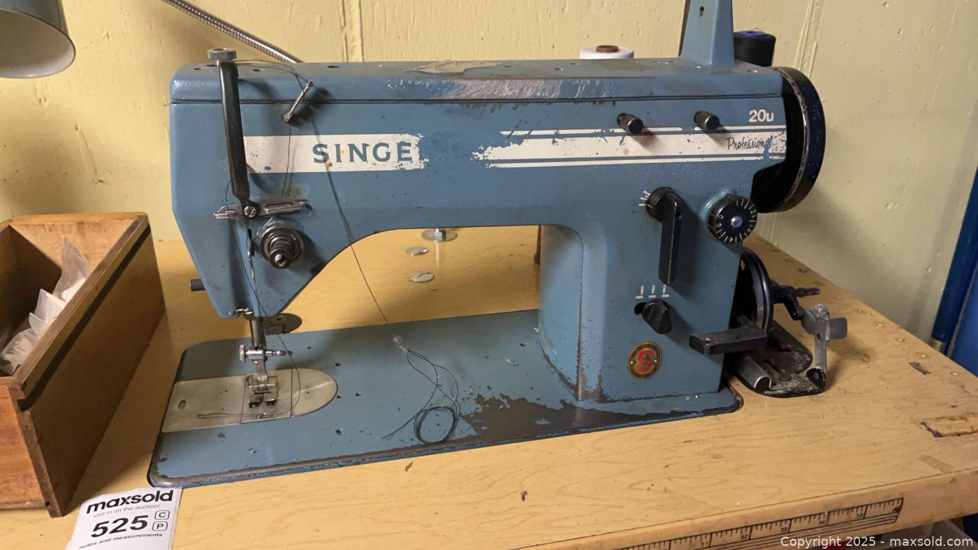 Singer 20U sewing machine, table, chair, lamp | Maxsold