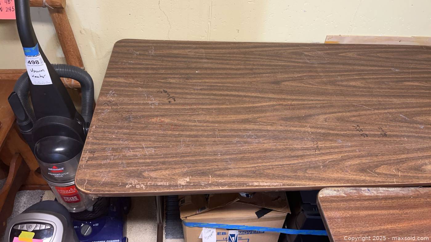 Two 6-ft folding tables and one 5-ft desk table | Maxsold