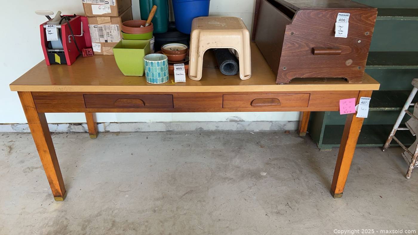Indiana Desk Company two-tone wood writing desk with two drawers | Maxsold