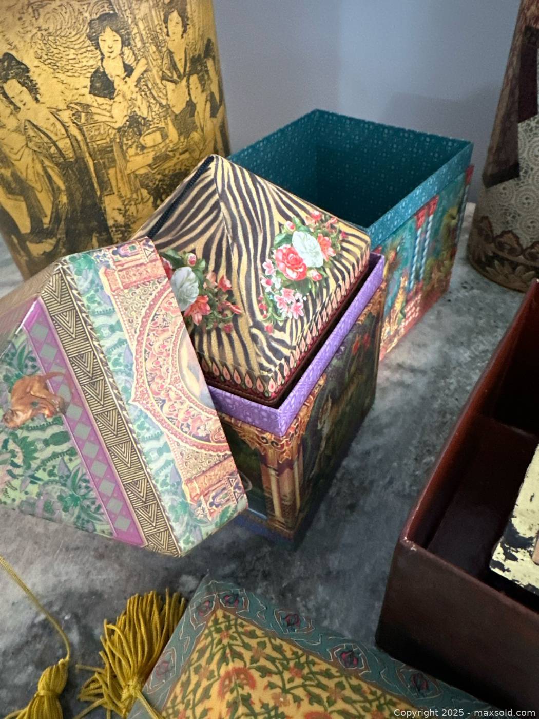 Decorative decoupage cardboard storage boxes | Maxsold