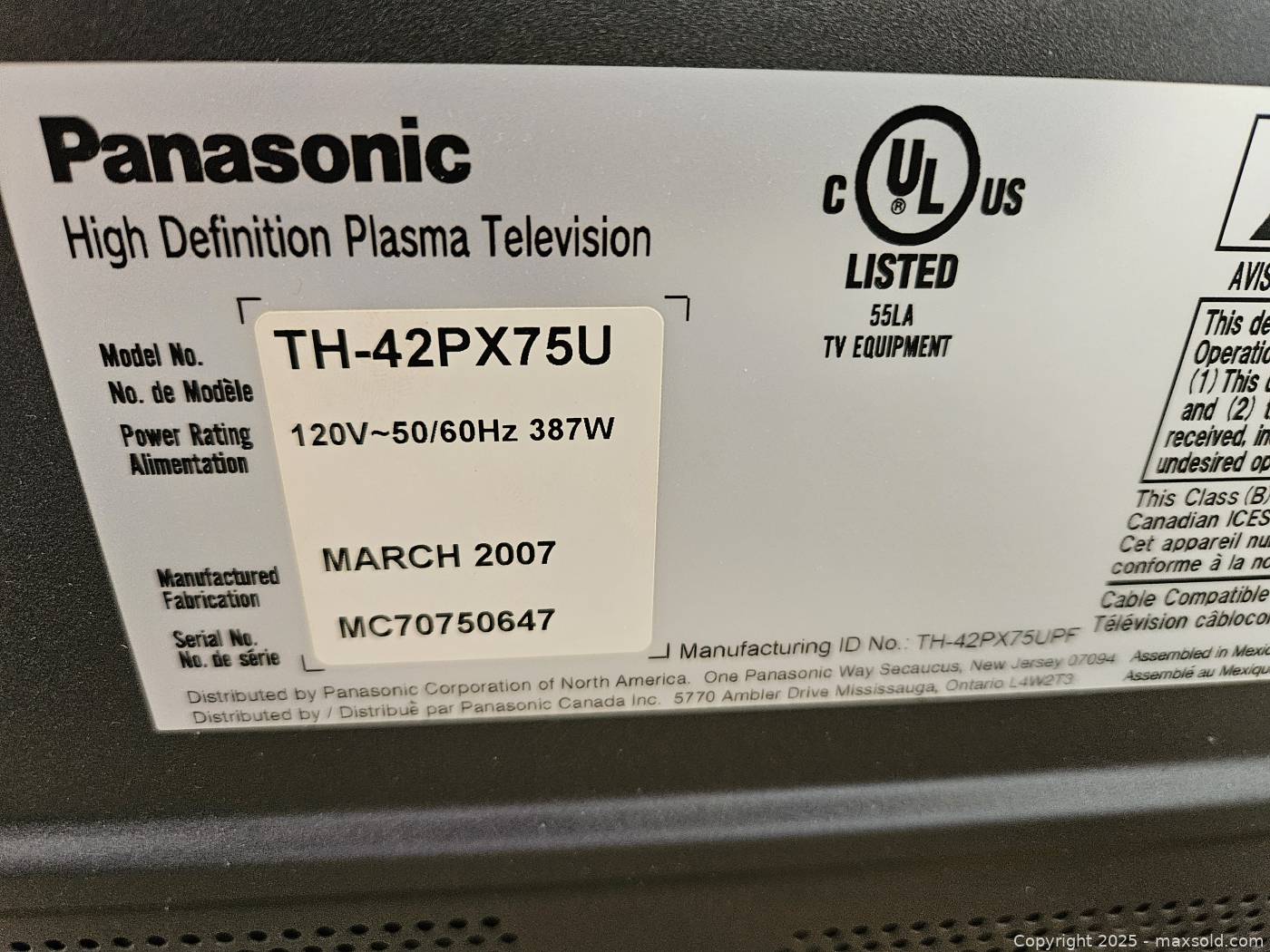 Panasonic TH-42PX75U 42" Plasma HDTV | Maxsold