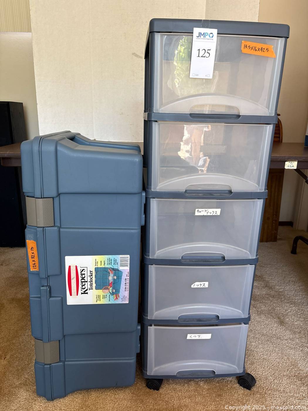 Rubbermaid hinged tote and 5-drawer rolling cart | Maxsold