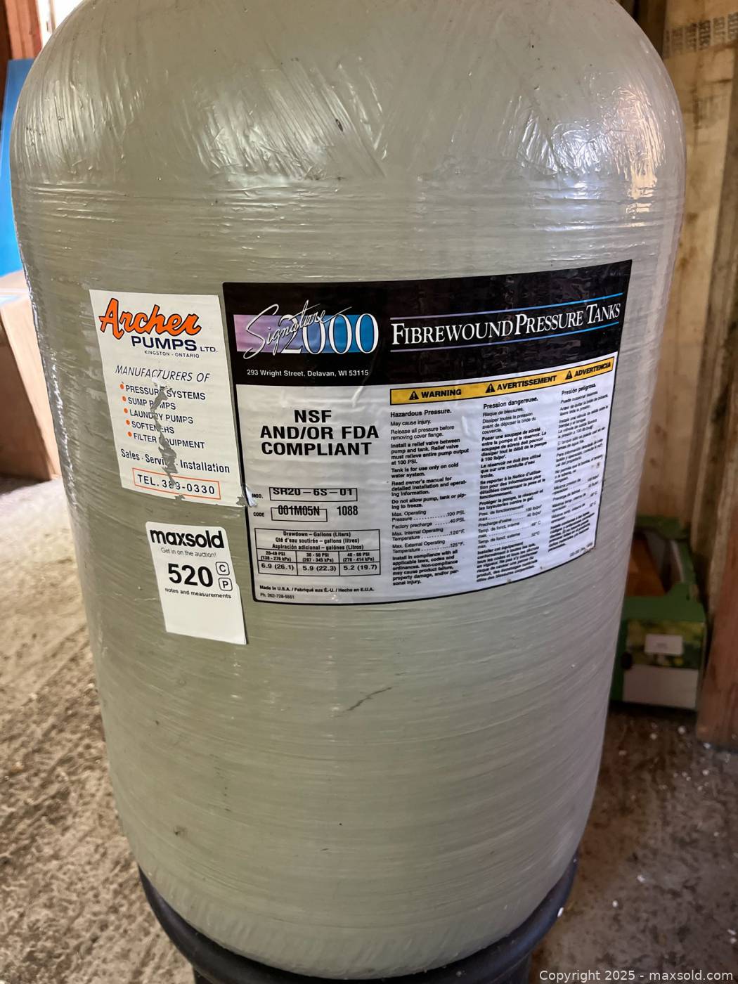 Signature 2000 SR20-6S-01 20 gal fibrewound pressure tank | Maxsold