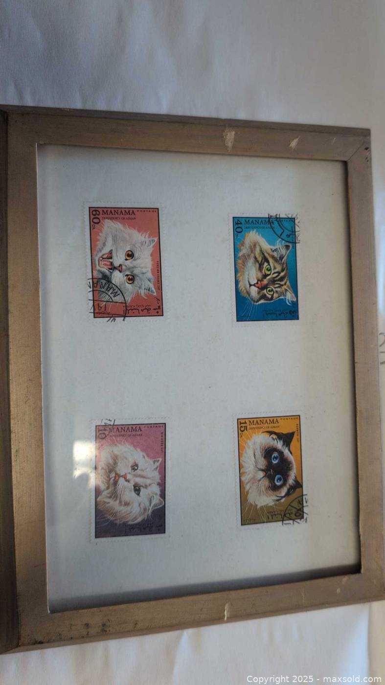 Framed cat postage stamps | Maxsold