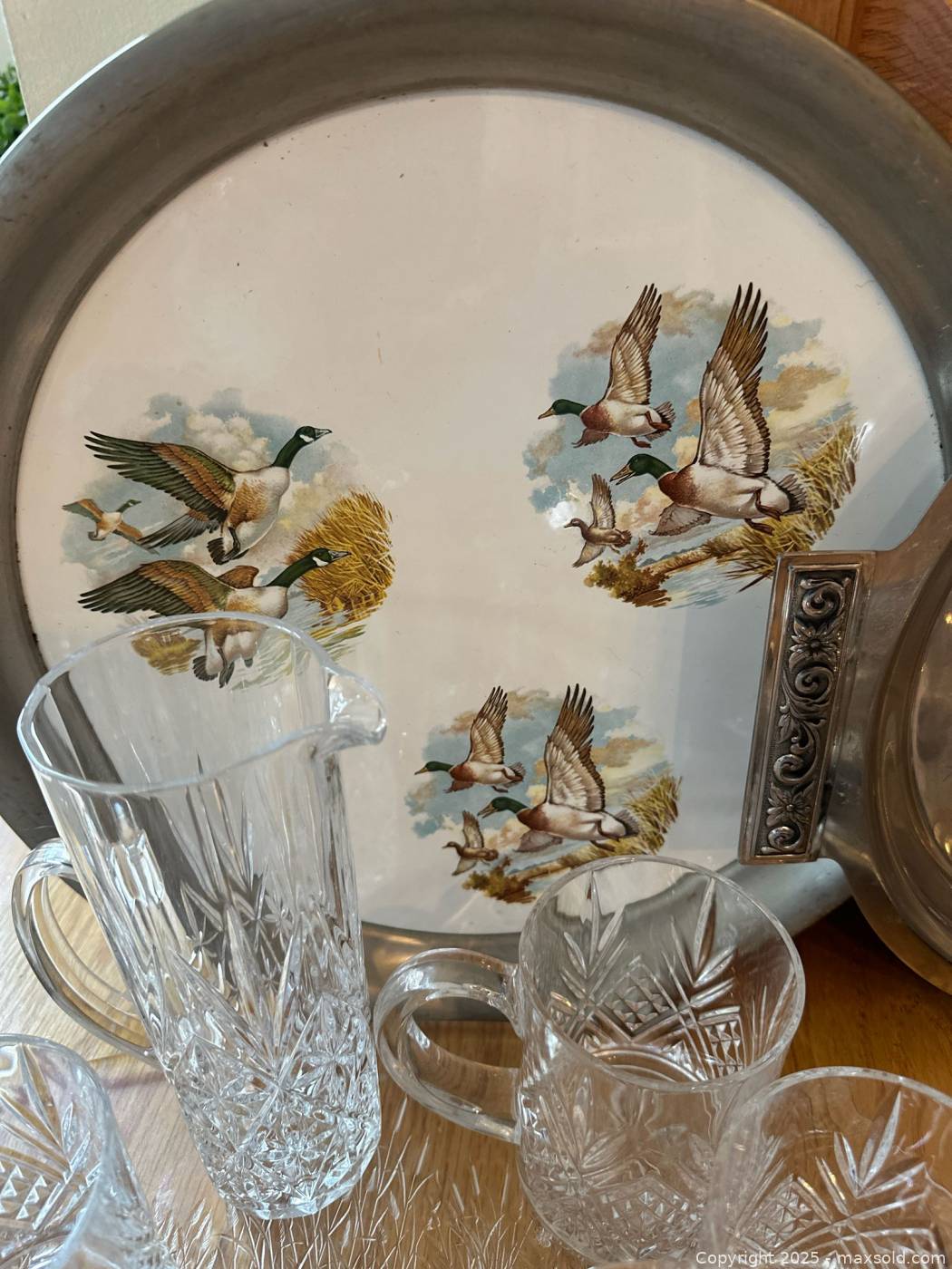 Stainless trays, enamel duck platter, crystal drink set, pewter items ...